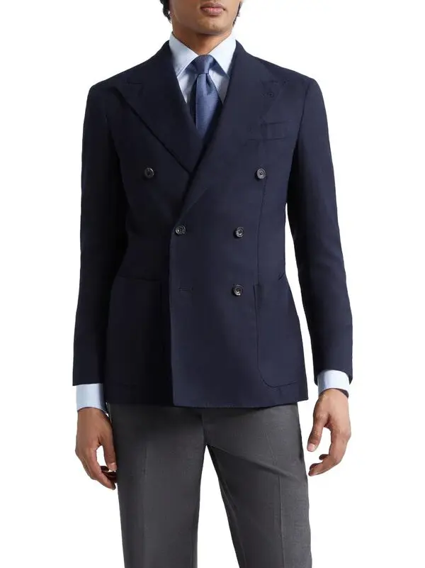 J. MUESER Double Breasted Virgin Wool Hopsack Blazer - Navy