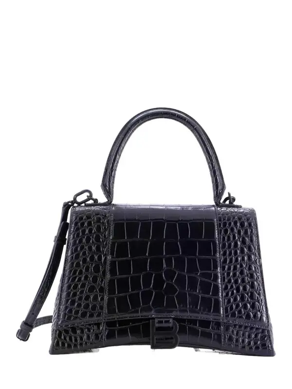 Balenciaga Hourglass Top Handle Bag Crocodile Embossed Leather Medium Crossbody Bag - Black