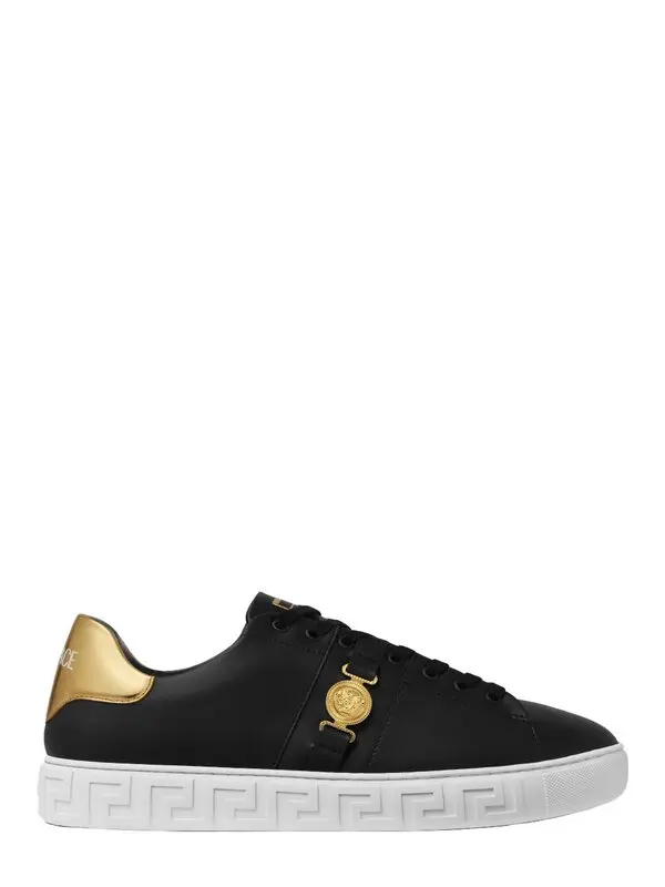 Versace Greca Leather Sneakers With Medusa Hardware - Black