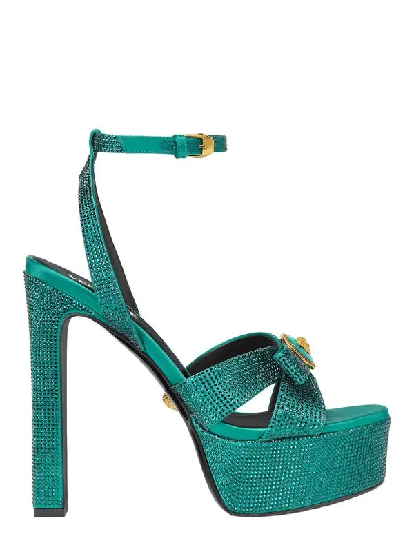 Versace Ribbon Embellished Satin Platform Sandals - Turquoise