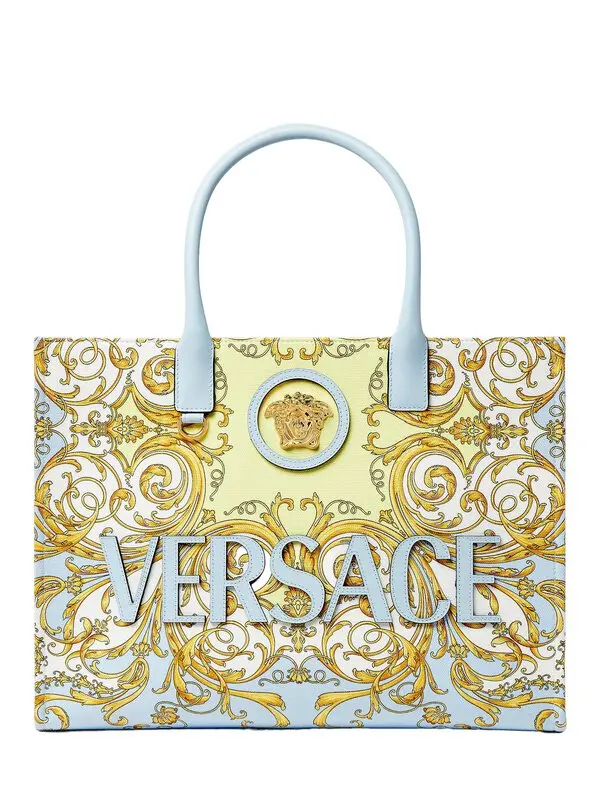 Versace La Medusa Printed Large Canvas Tote - Light Blue+gold