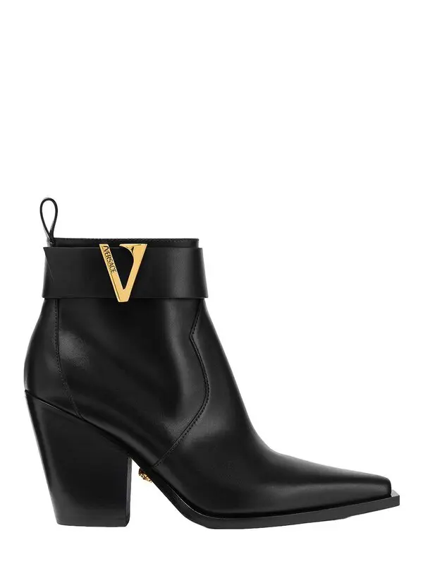 Versace V Leather Ankle Boots - Black+gold