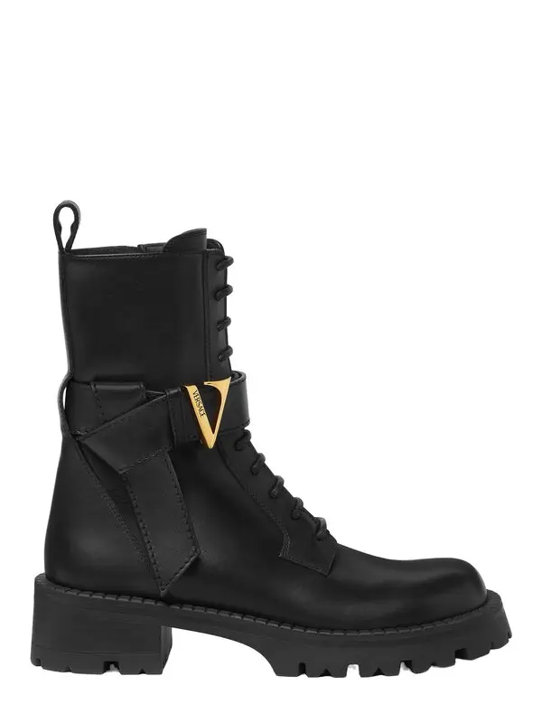 Versace V Leather Combat Boots 45 Mm - Black+gold