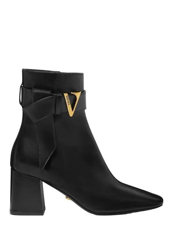 Versace V Leather Ankle Boots With Block Heel - Black+gold