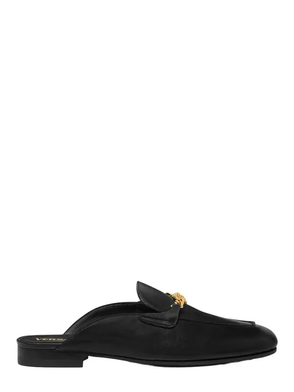 Versace Medusa Chain Leather Mule Loafers - Black+gold