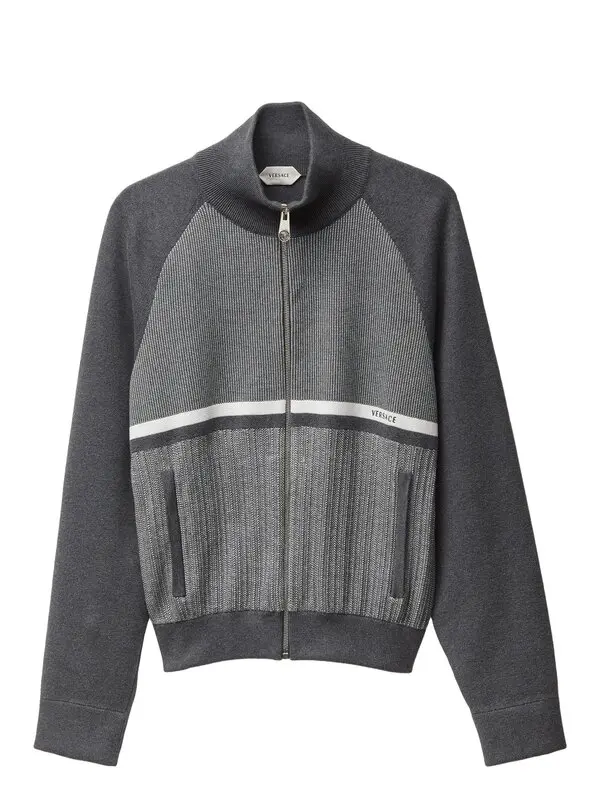 Versace Embroidered Jacquard Cotton Knit Zip Sweater - Gray