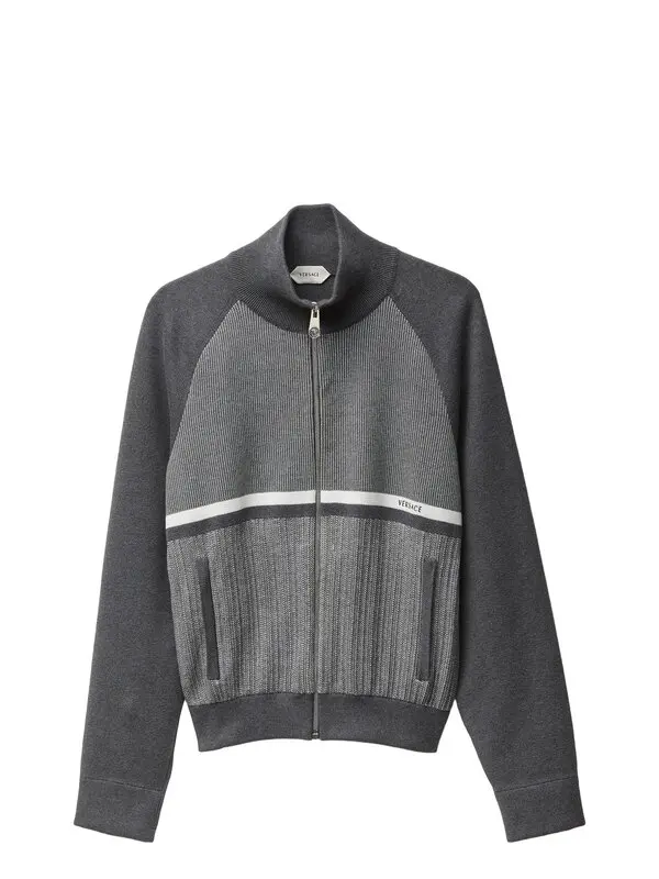 Versace Embroidered Jacquard Cotton Knit Zip Sweater - Gray