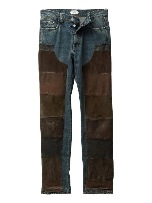 Versace Leather Patchwork Straight Jeans - Blue+brown