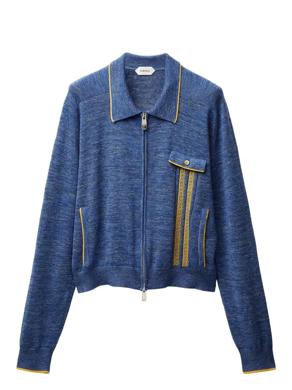Versace Mouliné Jacquard Knit Zip Sweater - Blue