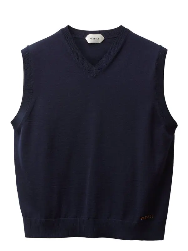 Versace Embroidered Wool Knit Vest - Blue