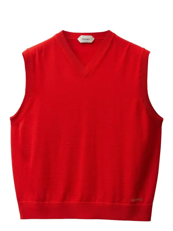 Versace Embroidered Wool Knit Vest - Red