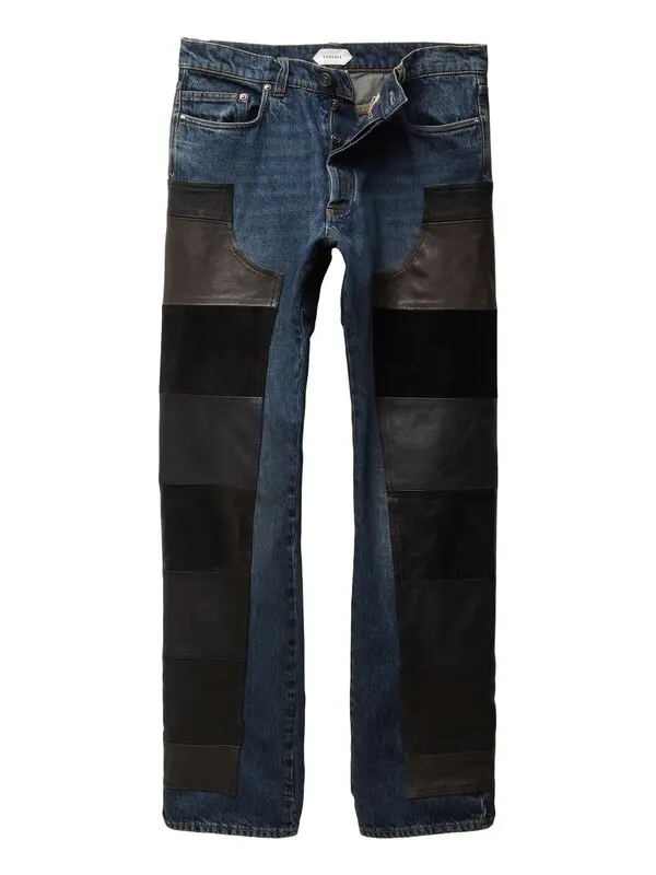 Versace Leather Patchwork Straight Leg Jeans - Blue+black