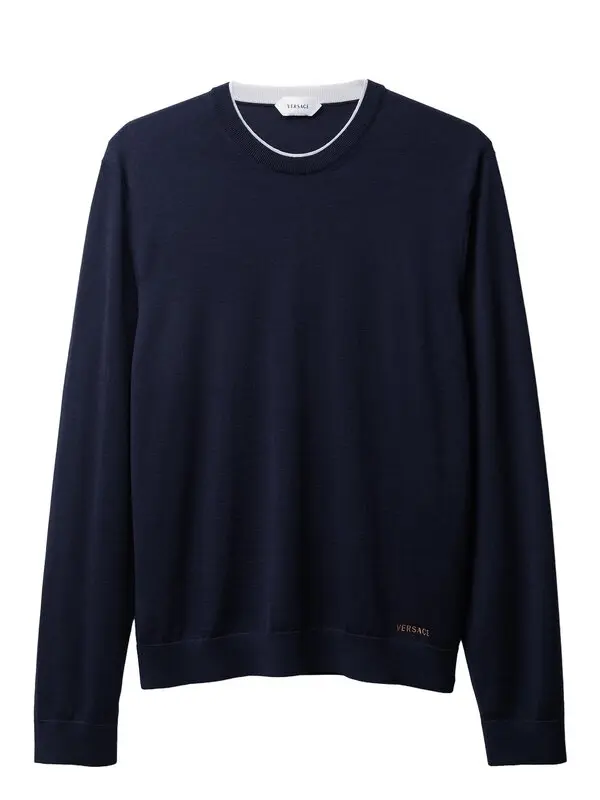 Versace Embroidered Wool Knit Crewneck Sweater - Blue