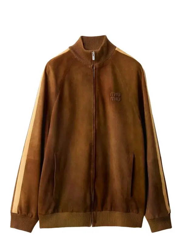 Miu Miu Waxed Suede Jacket With Intarsia Detail - Brown