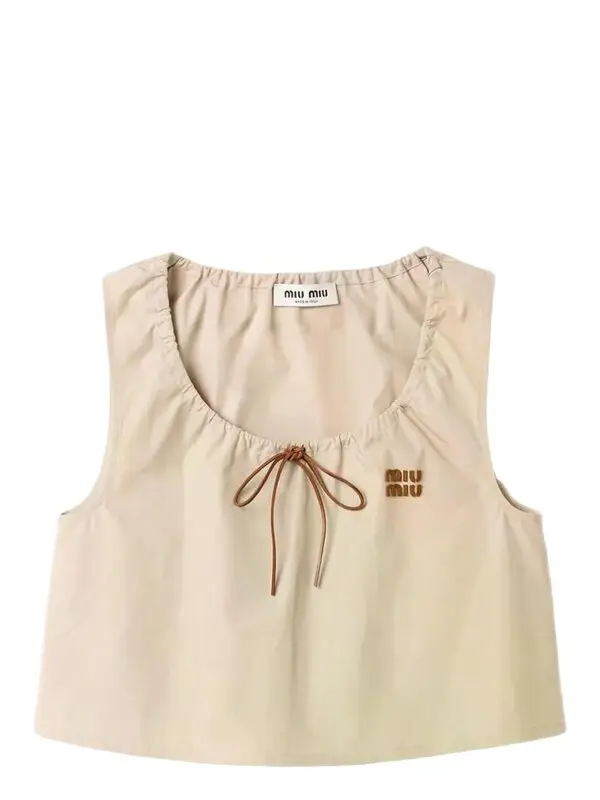 Miu Miu Panama Cotton Cropped Top With Leather Tie - Neutrals