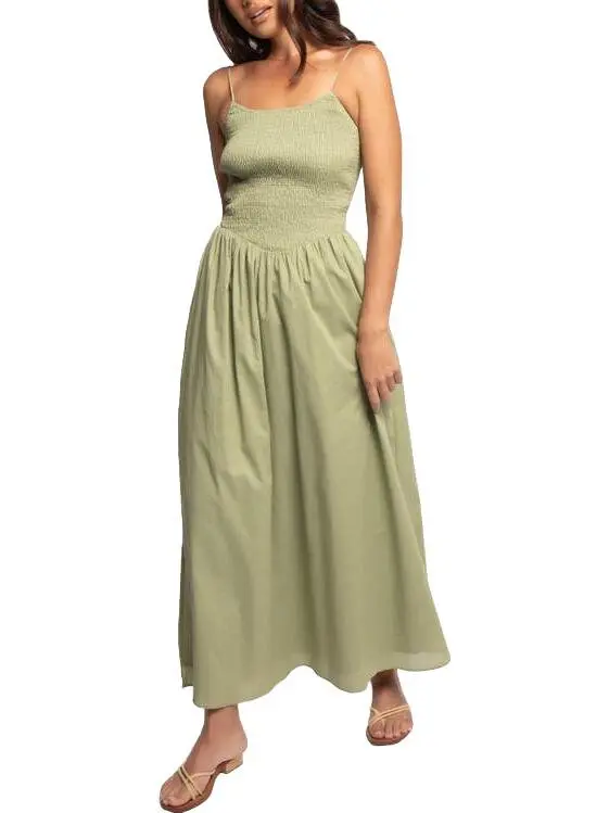 PETAL & PUP Smocked Cotton Maxi Sundress With Scoop Neck And Side Slit - Olive