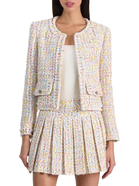 Alice + Olivia Landon Boxy Crop Tweed Jacket With Pearl Buttons - Off White/multi