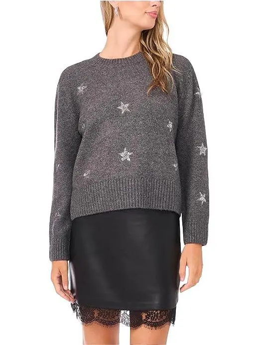 Vince Camuto Crew Neck Sweater With Star Embellishments - Gray