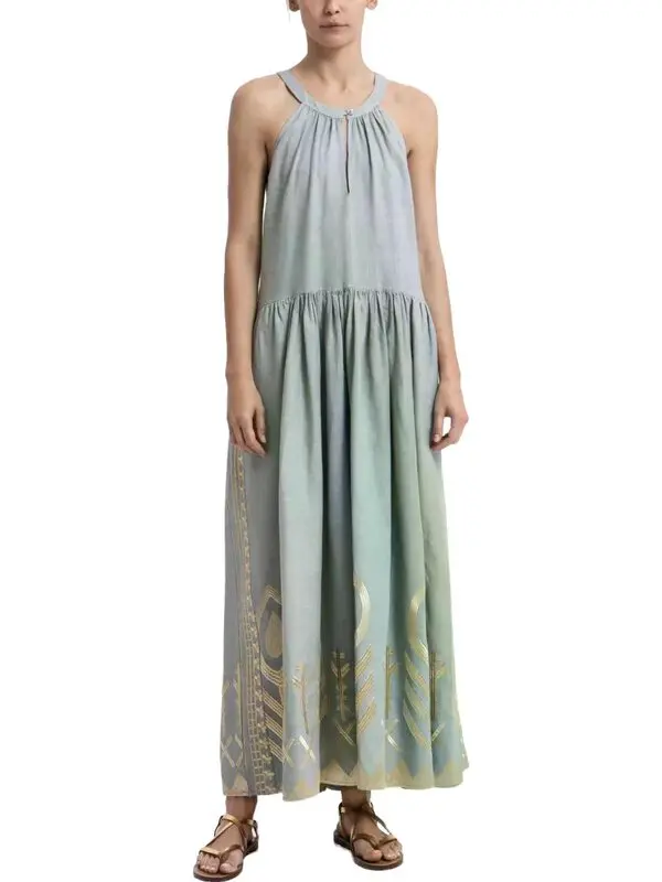 Greek Archaic Kori Embroidered Halterneck Maxi Dress - Grey