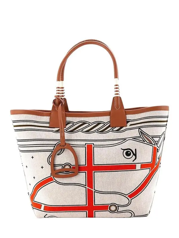 Hermès 28 Sac Steeple Tote Printed Toile With Leather - Brown/ Brown/ Natural/ Orange