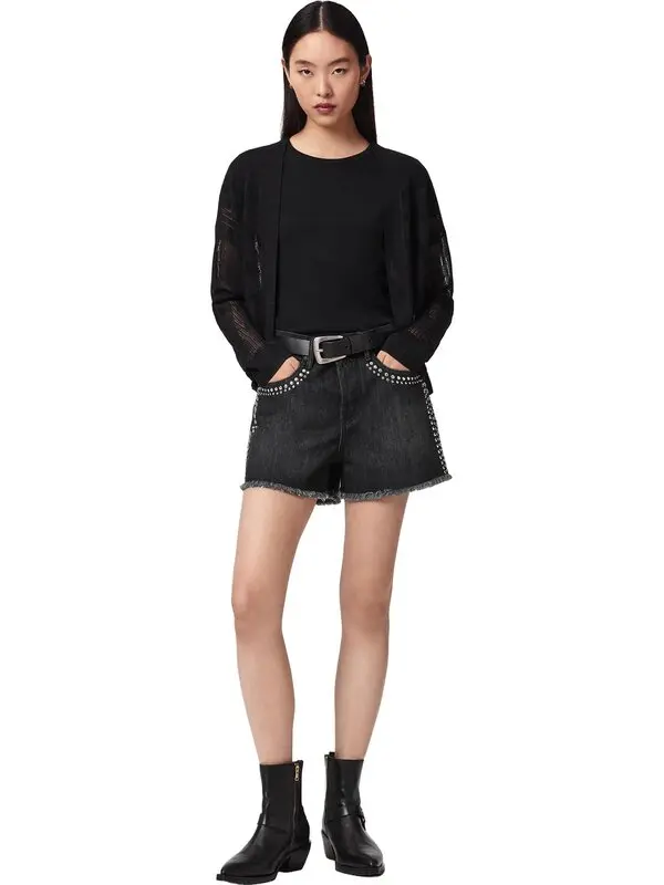 ALLSAINTS Heidi High Waisted Studded Denim Shorts - Shadow Black