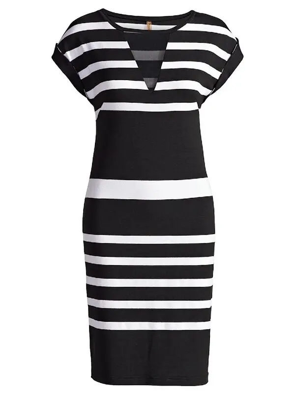 CONQUISTA Striped Dress With Sheer V-neckline Detail - Black