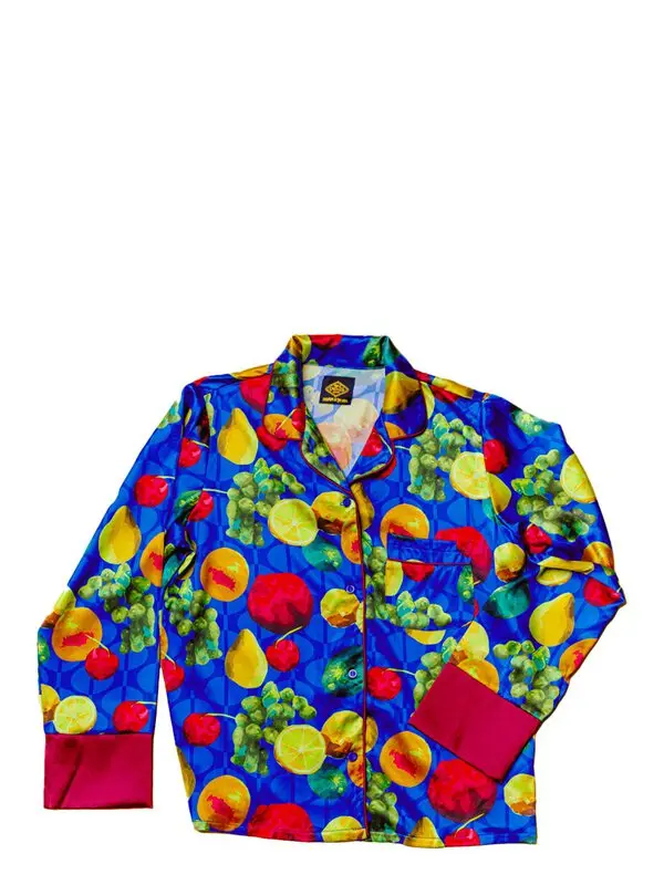HOUSE OF CASWELL Mia Silk Shirt Printed Fruit Motif Long Sleeve - Blue