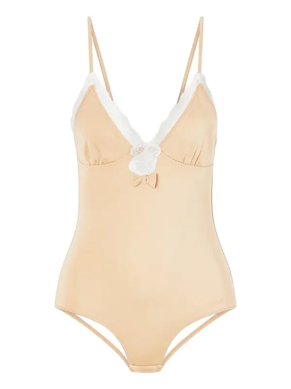Chloé Lace-trimmed Stretch-jersey Bodysuit With Bow Detail - Neutrals