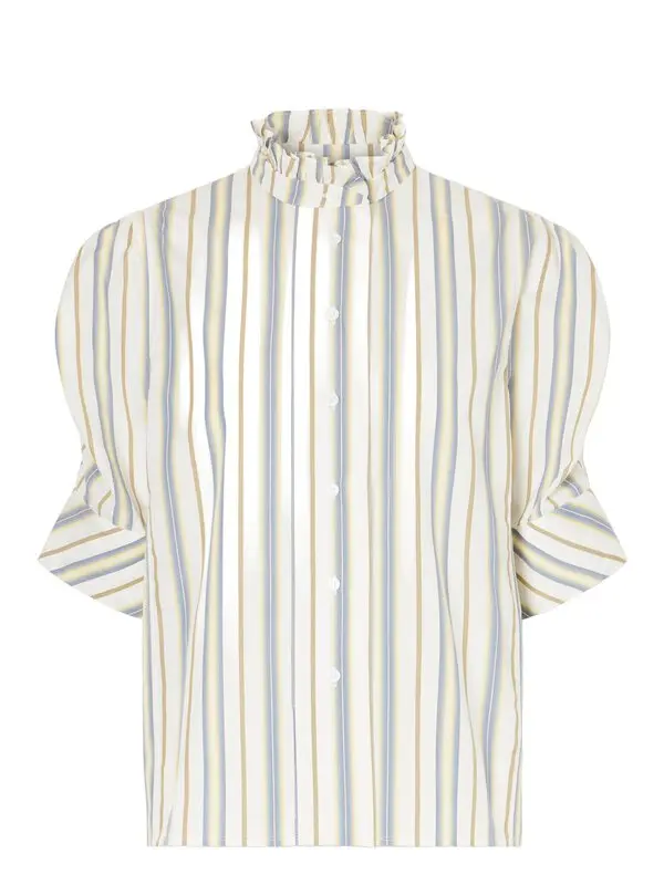 Thierry Colson Vita Striped Cotton Blouse With Ruffled Collar And Puffed Sleeves - Neutrals