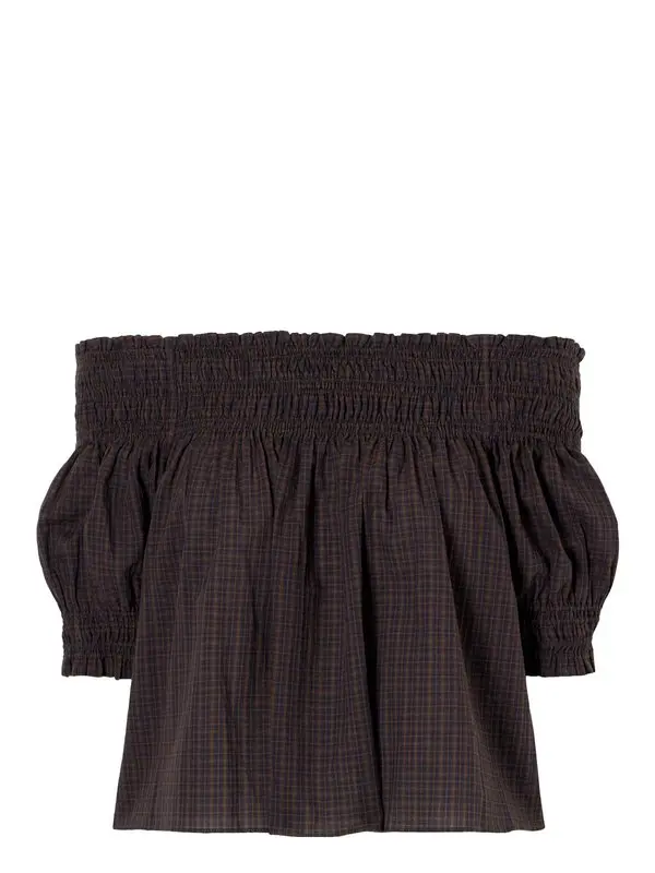 Matteau Shirred Off-the-shoulder Checked Cotton Blouse - Brown