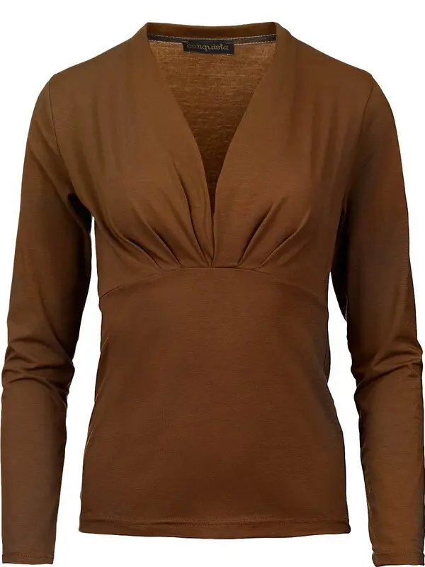 CONQUISTA Long Sleeve Faux Wrap Top In Stretch Jersey - Brown