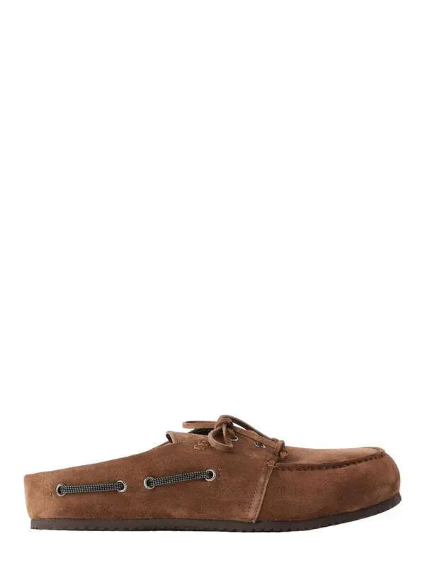 Brunello Cucinelli Suede Monili Bead Embellished Moccasin Slides - Brown