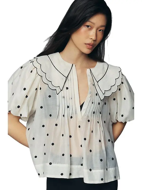 English Factory Scalloped Collar Polka Dot Blouse - Cream