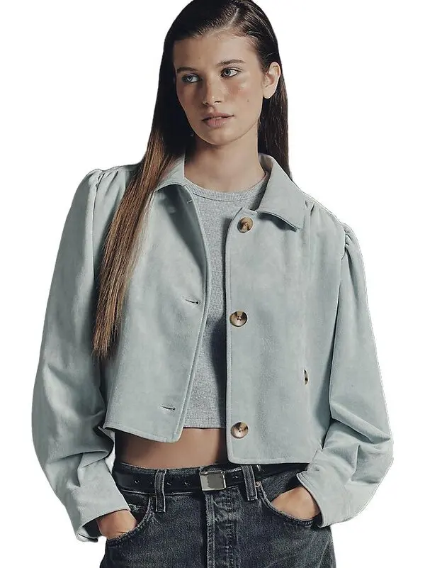 Blanknyc Cropped Button-front Jacket With Puffed Shoulders - Pale Blue