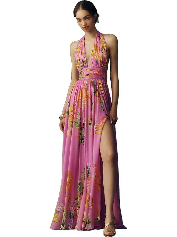 Rococo Sand Floral Print Plunge Maxi Dress - Pink Floral
