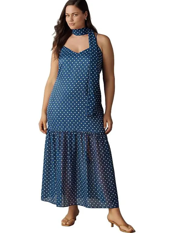 Maeve Sleeveless V-neck Tiered Midi Dress With Scarf - Navy / White Dot