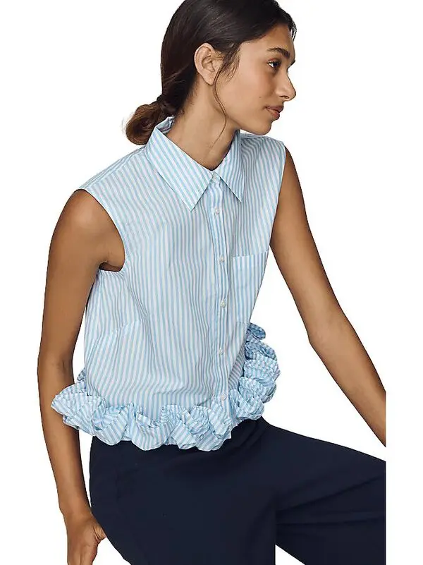 Maeve Cotton Ruffle Buttondown Shirt - Blue Stripe