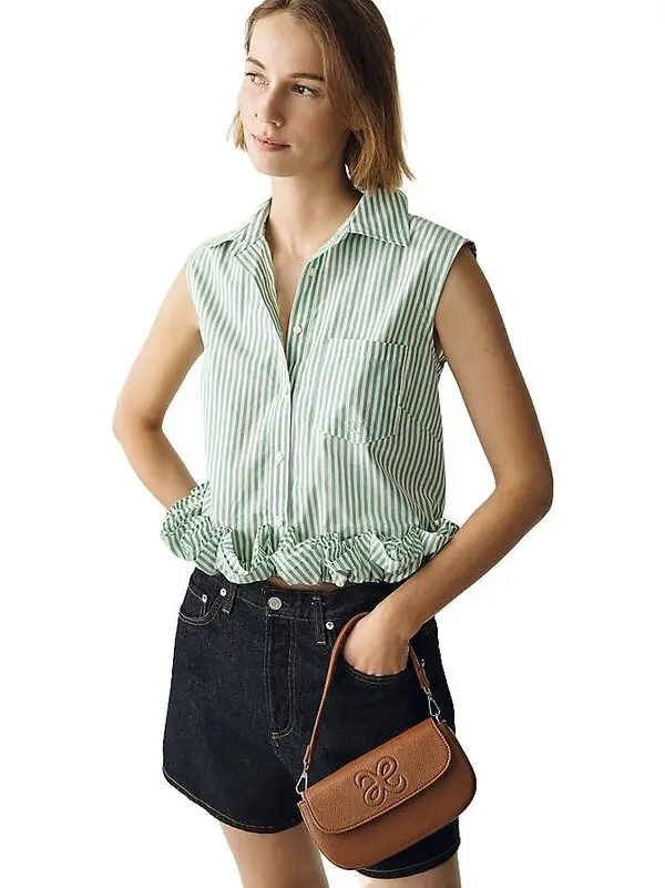 Maeve Cotton Ruffle Buttondown Shirt - Green Stripe