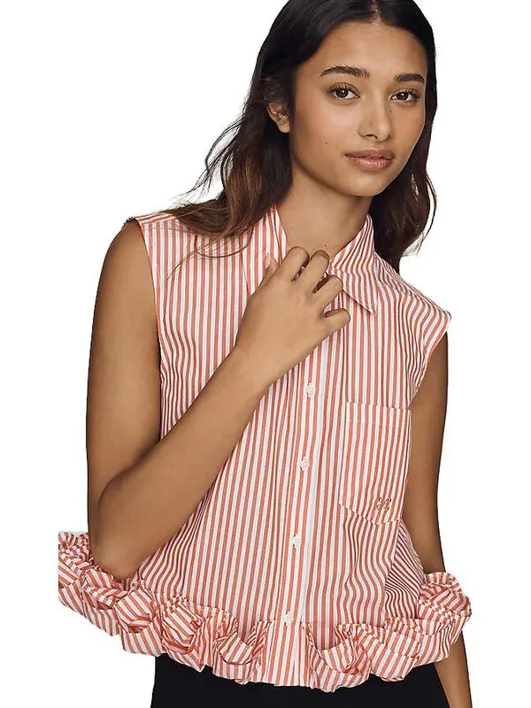 Maeve Cotton Ruffle Buttondown Shirt - Red Stripe