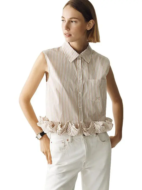 Maeve Cotton Ruffle Buttondown Shirt - Tan Stripe