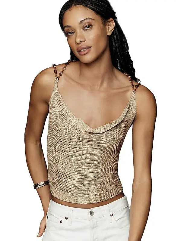 PILCRO Cowl Neck Beaded Strap Tank Top - Sand