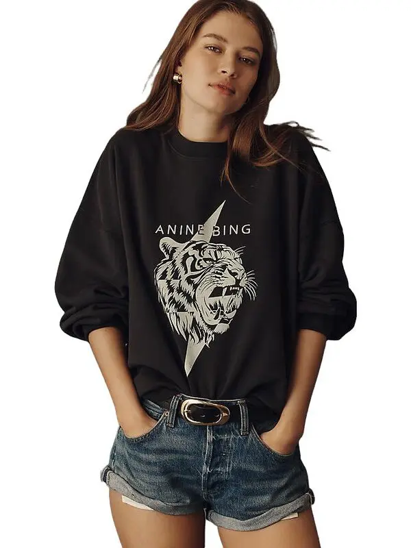 ANINE BING Miles Cotton Tiger Graphic Sweatshirt - Vintage Black