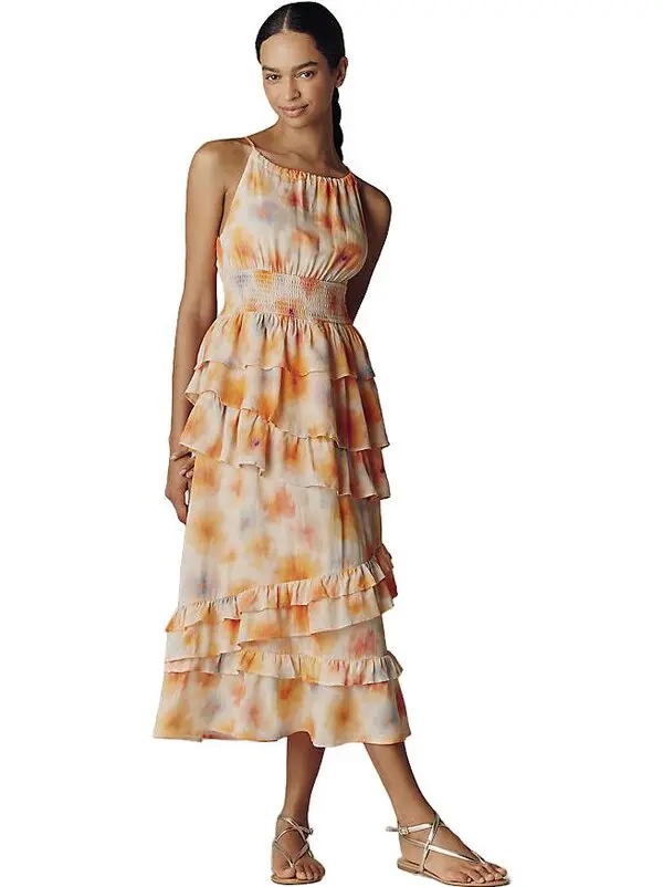 Anthropologie Tiered Ruffle Halter Dress - Yellow Floral