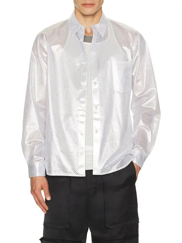 Comme Des Garçons Satin Button Down Shirt In Metallic - Silver