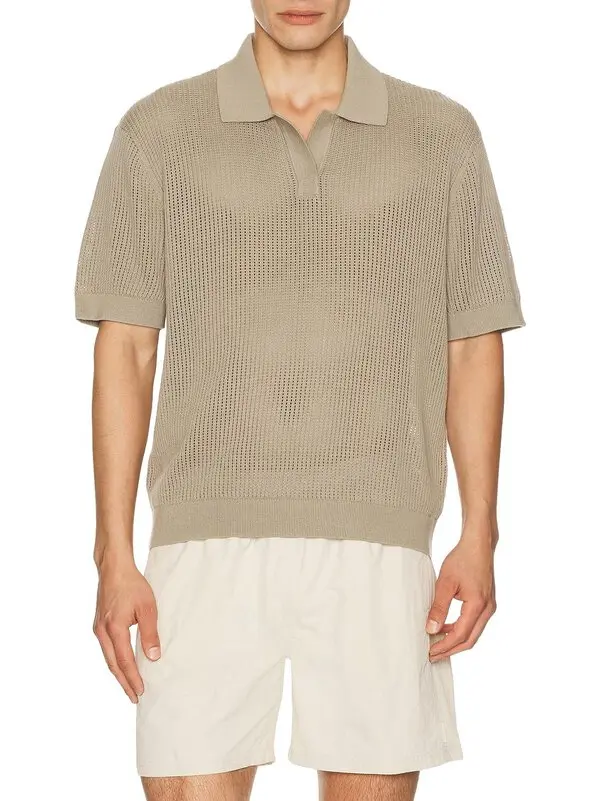 AUTO-REPLY Knit Mesh Johnny Collar Polo In Olive - Pumice
