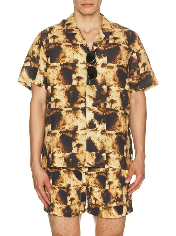 AUTO-REPLY Alex Printed Short Sleeve Linen Shirt In Cream - Tie Dye Molino