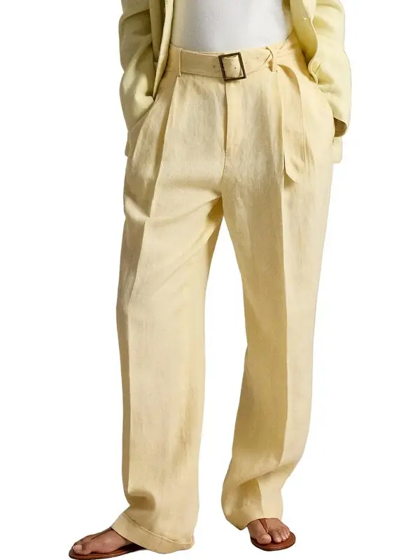 Ralph Lauren Belted Linen Tailored Pants - Yellow
