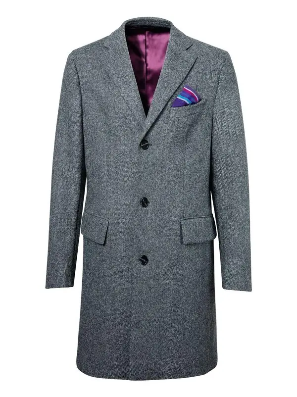 KOY CLOTHING Charcoal Wool Herringbone Overcoat With Kikoy Detailing - Grey