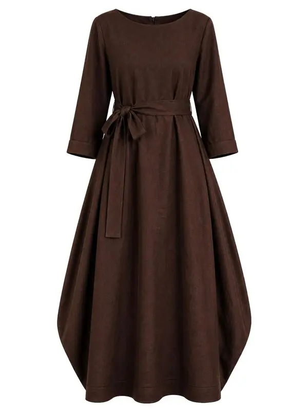 NIKKA PLACE Linen Maxi Dress With Balloon Skirt - Brown