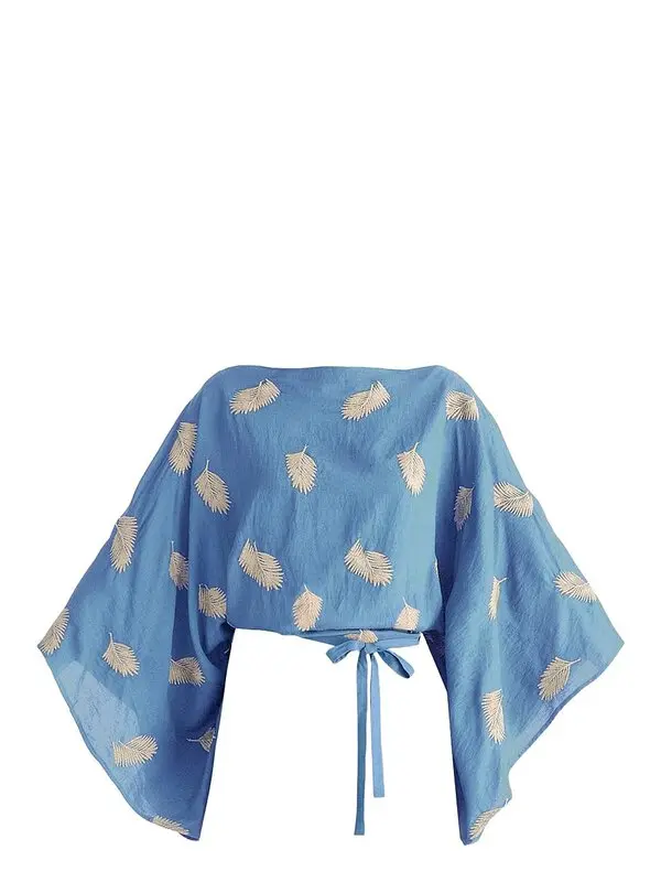 PAISIE Leaf Embroidered Kimono Sleeve Top - Blue